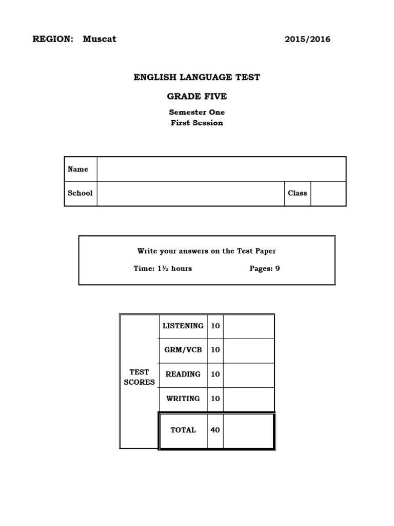 English Language Test Grade Five | PDF | Vocabulary | English Language