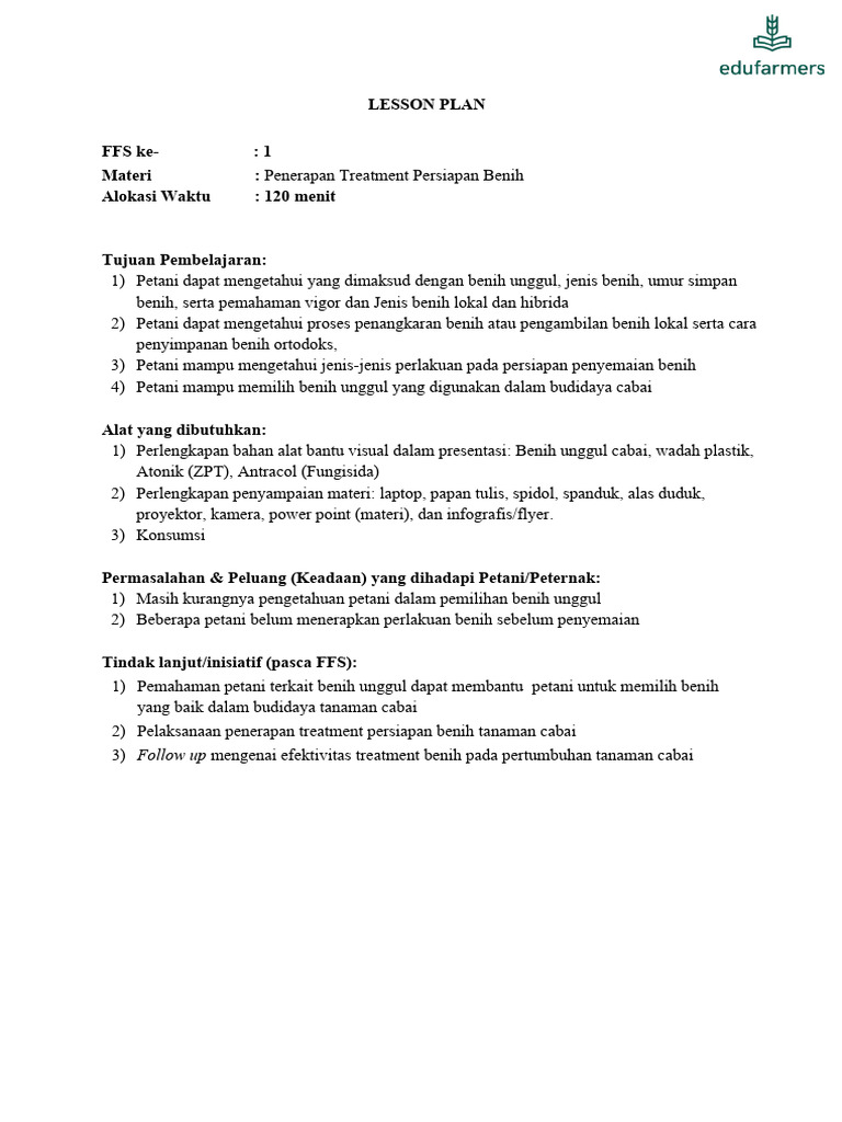 Lesson Plan FFS 1 - Penerapan Treatment Persiapan Benih - Warkon | PDF