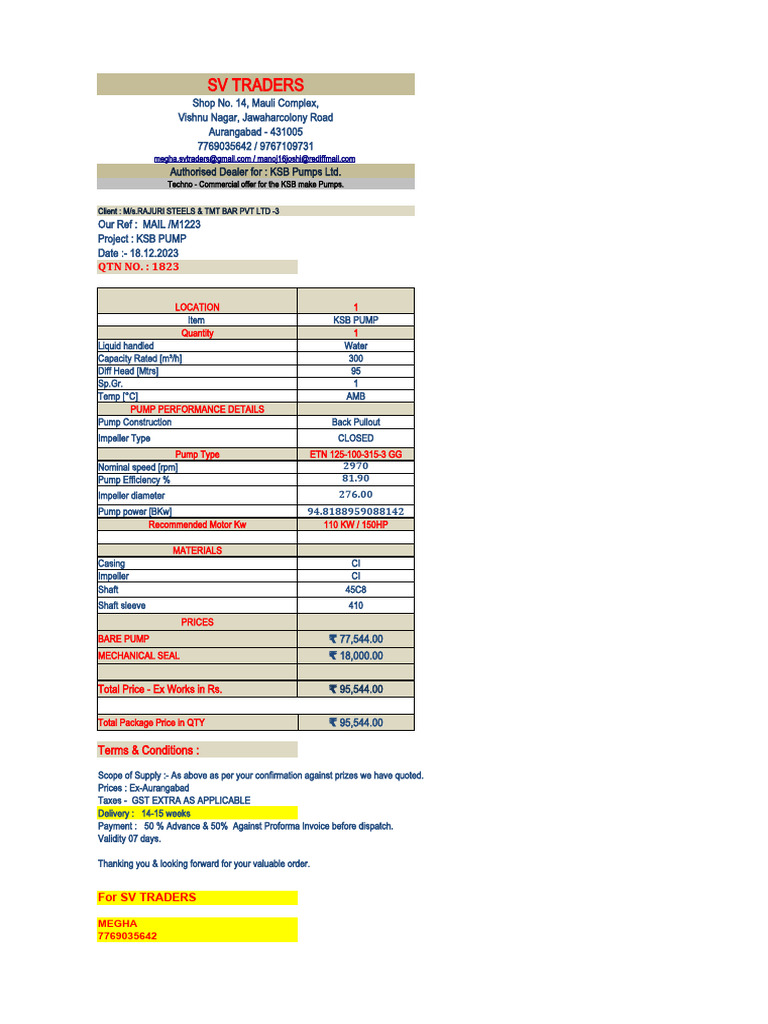 KSB Pump Quotation for RAJURI STEELS | PDF | Pump | Turbomachinery