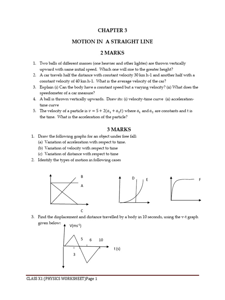 Motion in A Straight Line Worksheet | PDF | Speed | Velocity