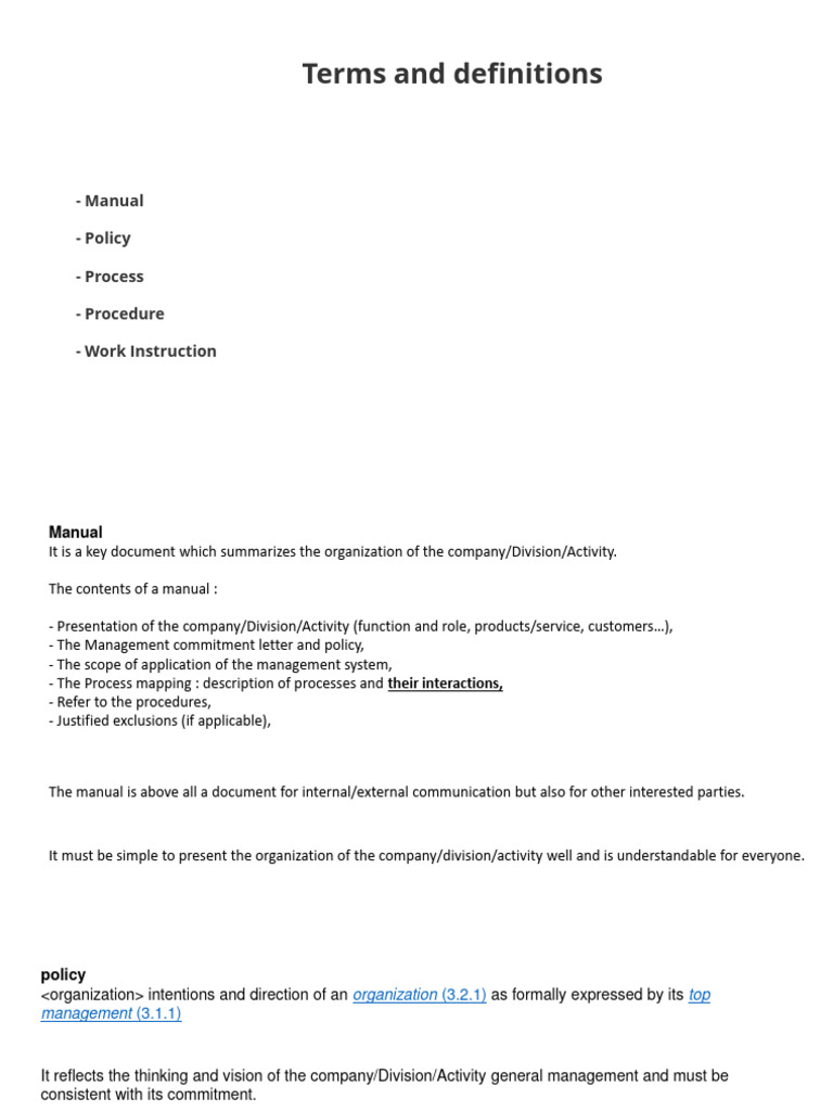 Terms and Definitions ISO 9001 | PDF