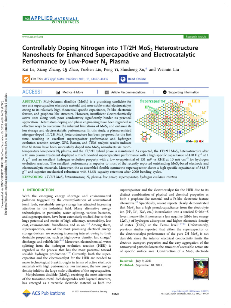 Le Et Al 2021 Controllably Doping Nitrogen Into 1t 2h Mos2 Heterostructure Nanosheets For ...