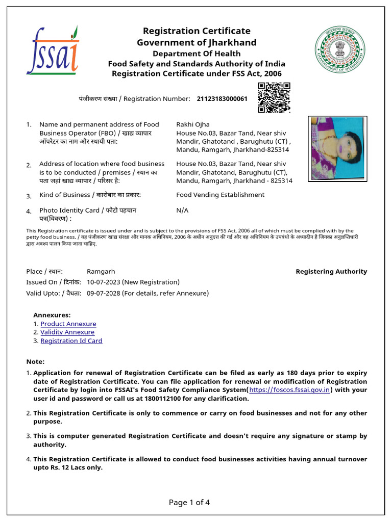 FSSAI Certificate | PDF | Foods | Food And Drink