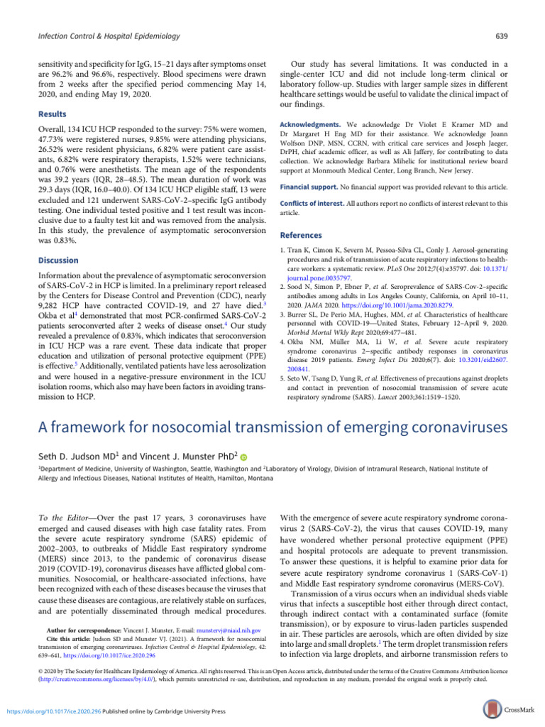 A Framework For Nosocomial Transmission of Emerging Coronaviruses | PDF ...