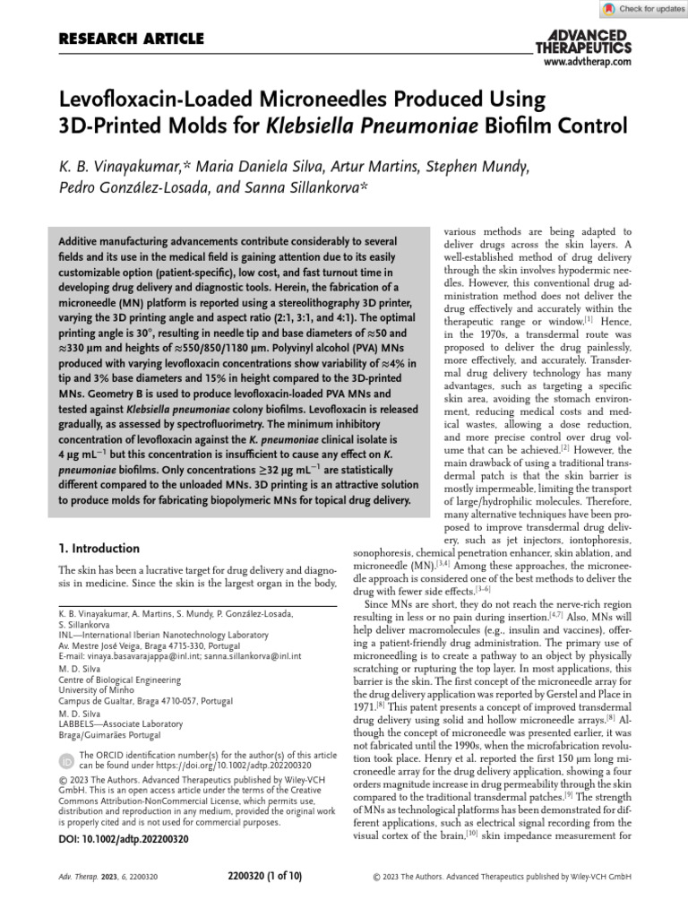 Levofloxacin Loaded Microneedles Produced Using 3D Printed Molds For Noso Infection | PDF | 3 D ...