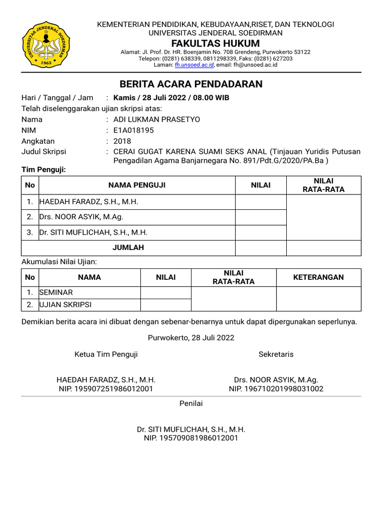 Berita Acara Pendadaran Skripsi An ADI LUKMAN PRASETYO - (2) - E1A018195 | PDF