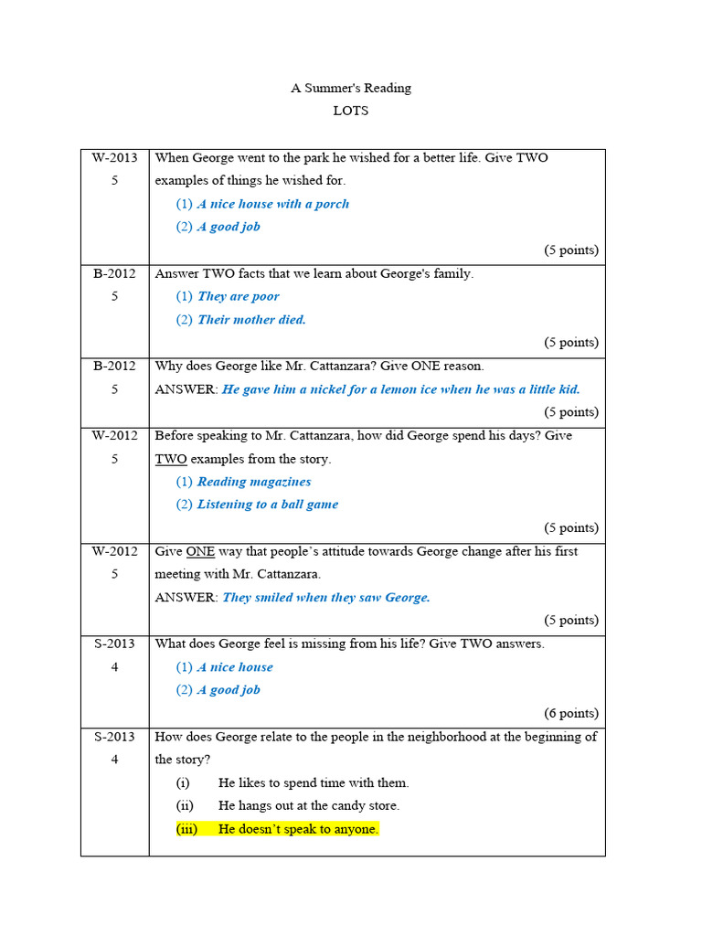 A Summer's Reading - Sample Questions With Answers | PDF | Thought