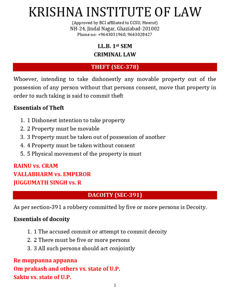 Criminal Law PPT Notes | PDF | Robbery | Theft