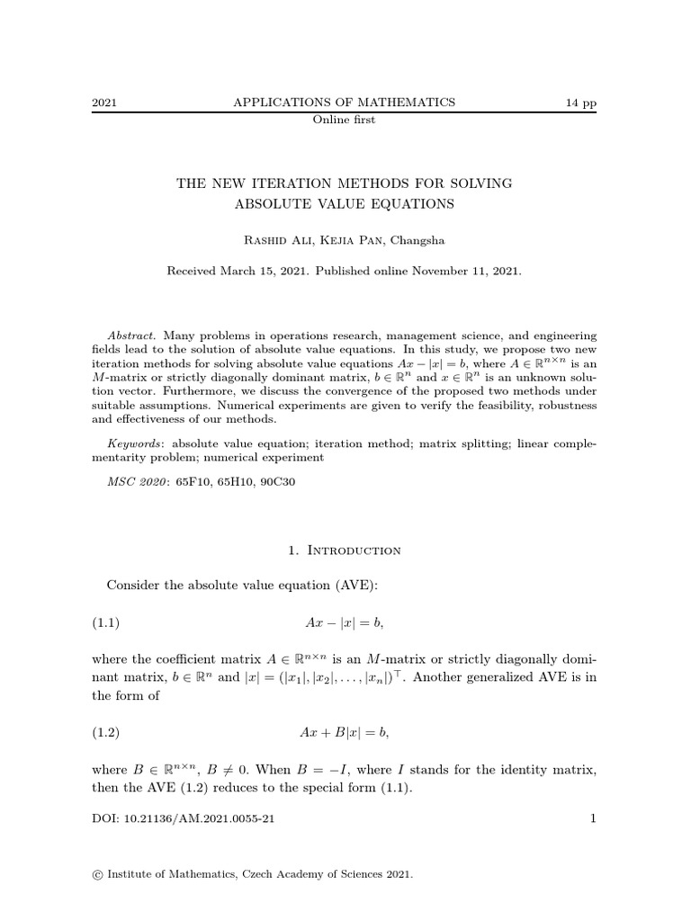 The New Iteration Methods For Solving Absolute Value Equations | PDF ...