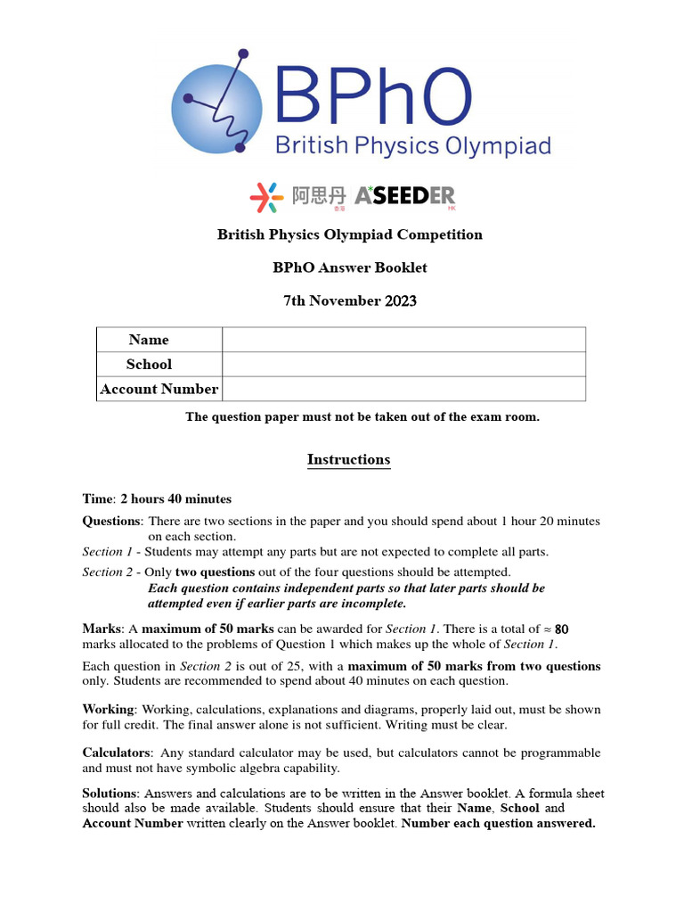 BPhO Round 0 Exam Instructions | PDF