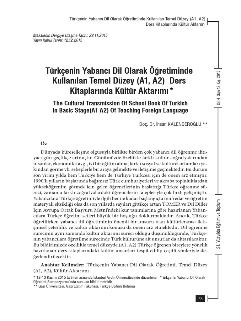 T RK Enin Yabanc Dil Olarak Retiminde Kullan Lan Temel D Zey (A1, A2) Ders Kitaplar Nda K LT R ...