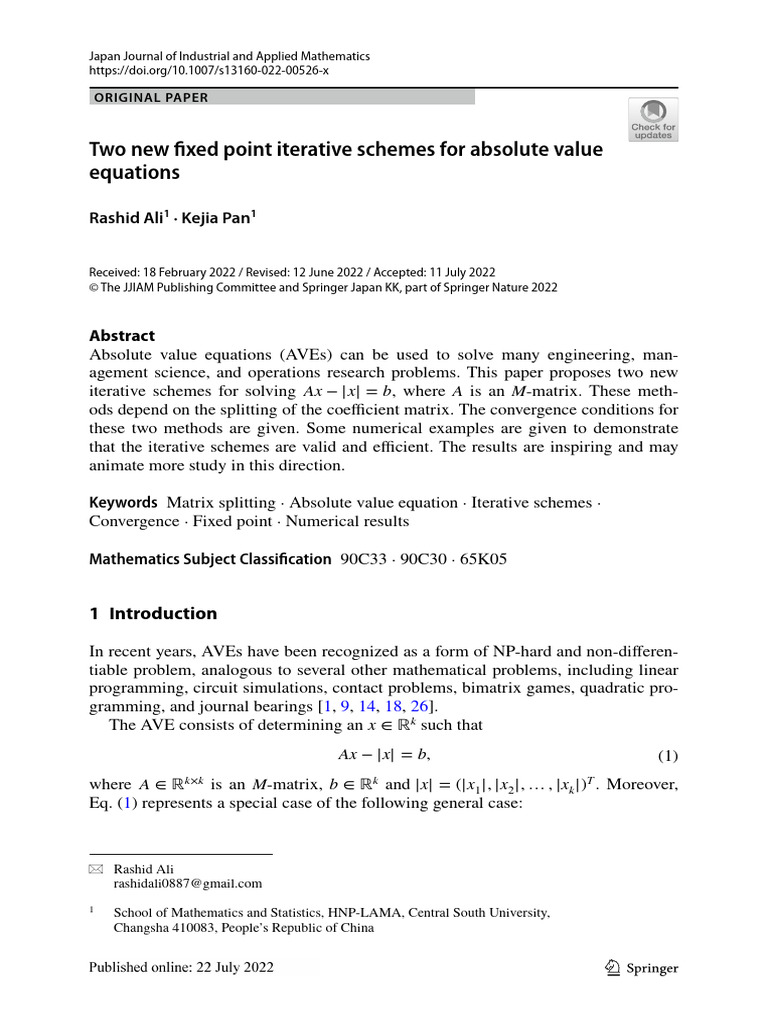 Two New Fxed Point Iterative Schemes For AVE | PDF | Matrix (Mathematics) | Equations