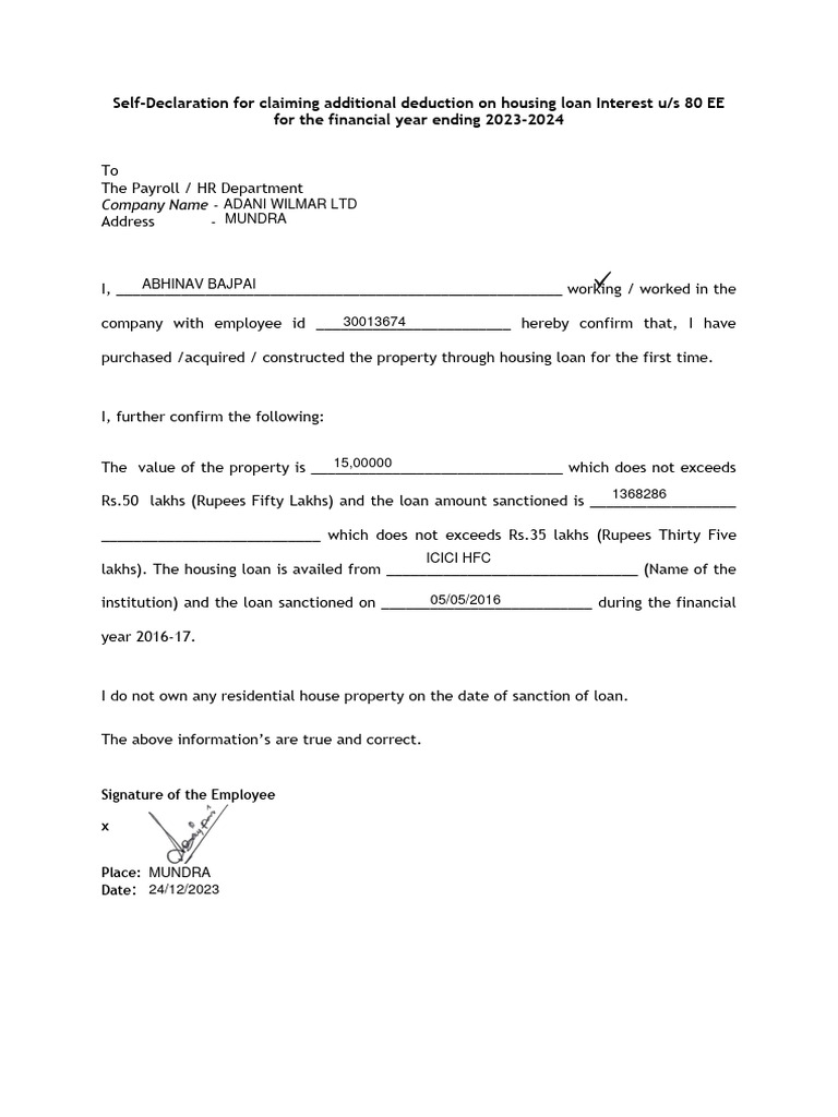 80EEA Self-Declaration for Housing Loan | PDF | Business | Finance ...