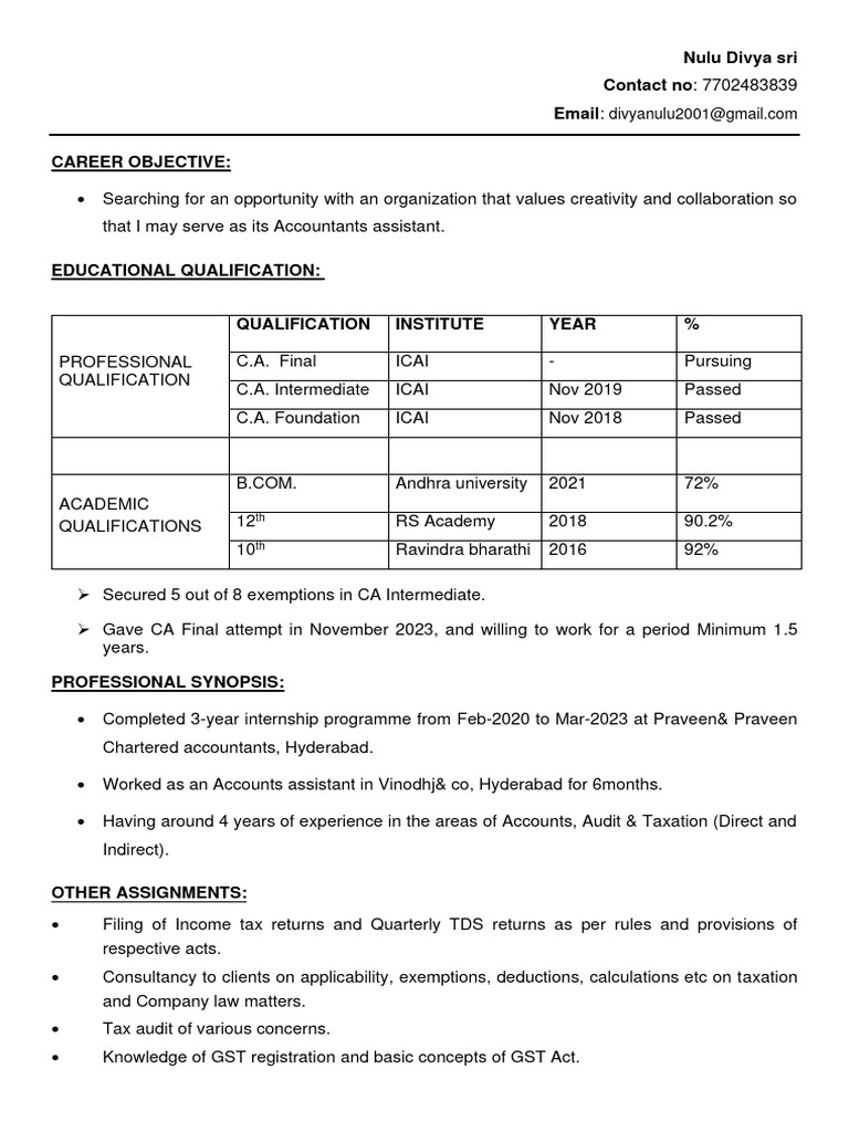 Nulu Divya Resume Pdf Taxes Audit