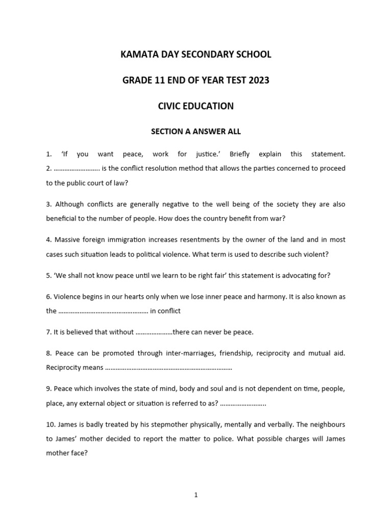 Grade 11 Civic Education Test 2023 | PDF | Violence | Peace