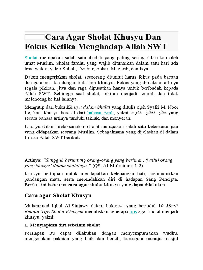 Tips Meraih Khusyuk dalam Sholat | PDF