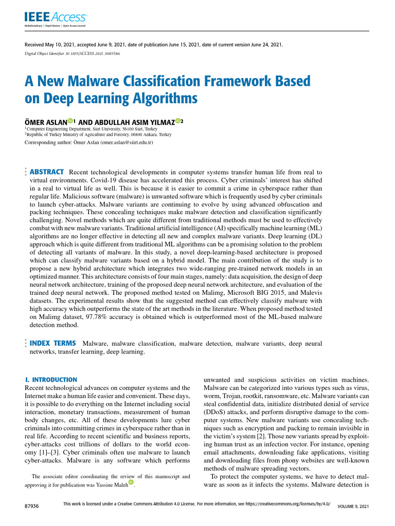 A New Malware Classification Framework Based On Deep Learning Algorithms | PDF | Malware | Deep ...