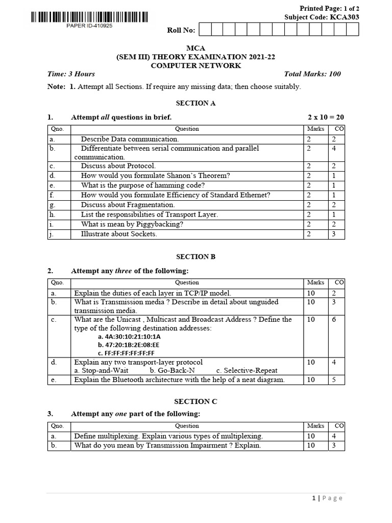 Mca 3 Sem Computer Network Kca303 2022 | PDF | Internet Protocols | Port (Computer Networking)