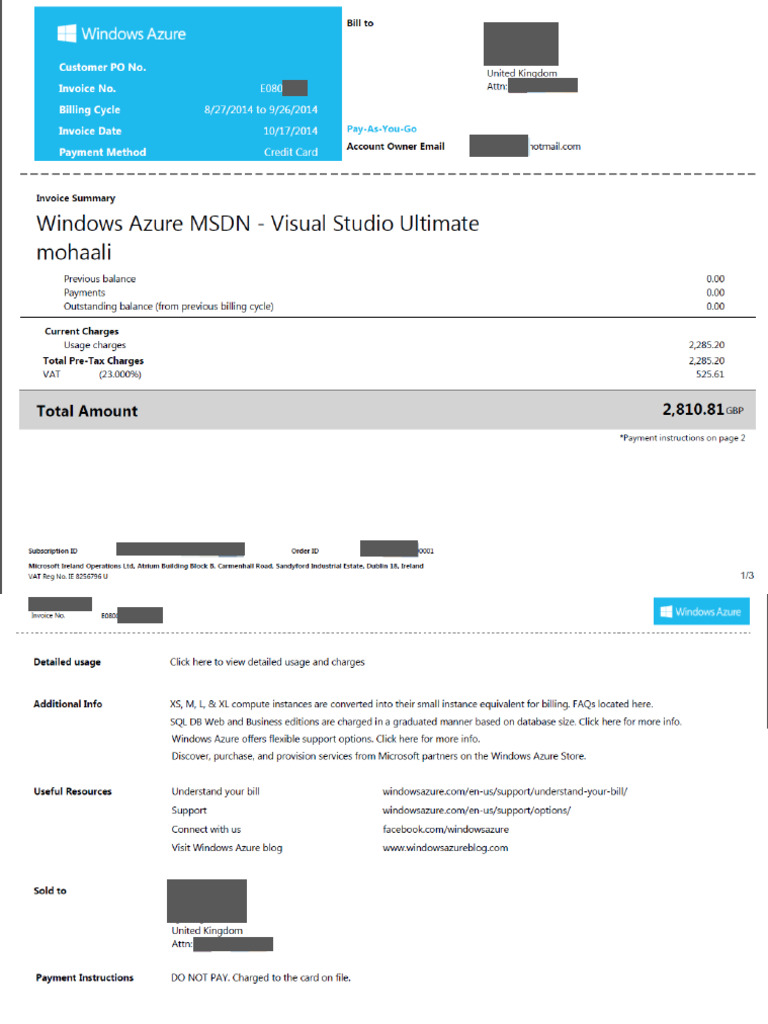 Microsoft Azure MSDN - Sample Invoice | PDF