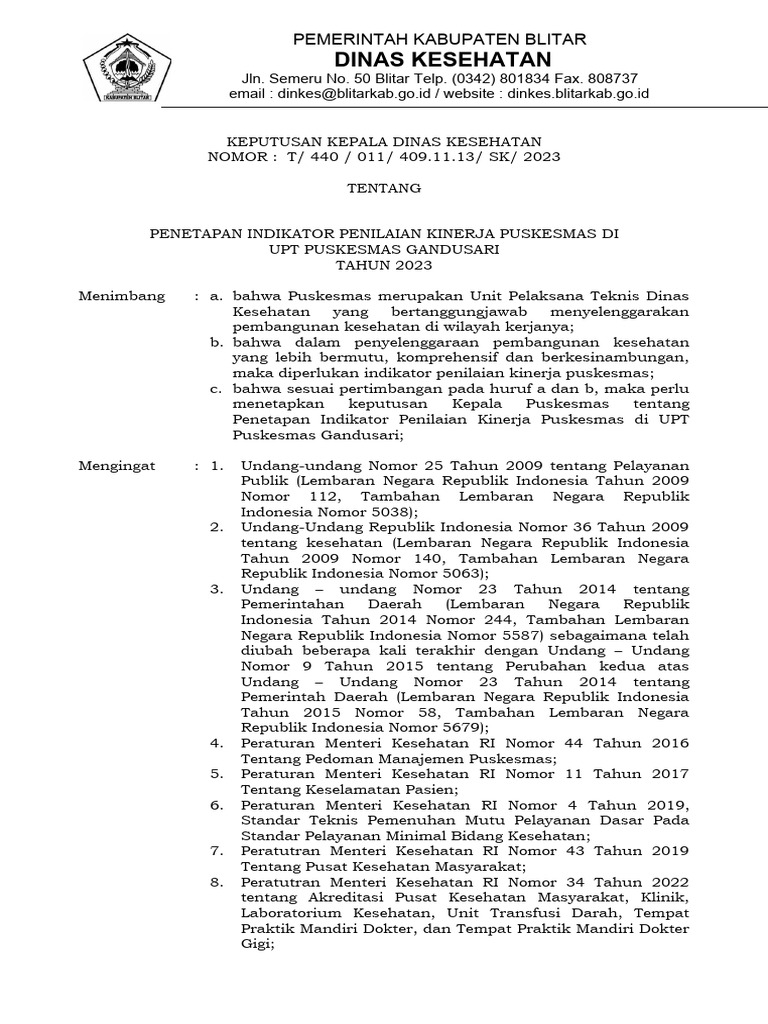 011 SK PENETAPAN INDIKATOR KINERJA PUSKESMAS (PKP) (1.6.1) 1 (Print) | PDF