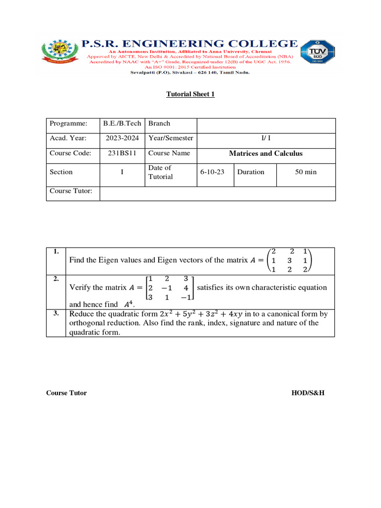 Tutorial Sheet 1-1 | PDF