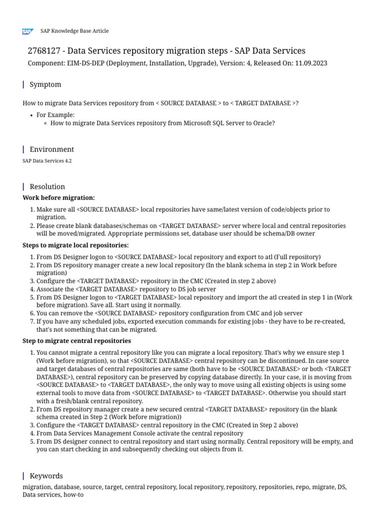 Data Services Repository Migration Steps - SAP Data Services | PDF ...