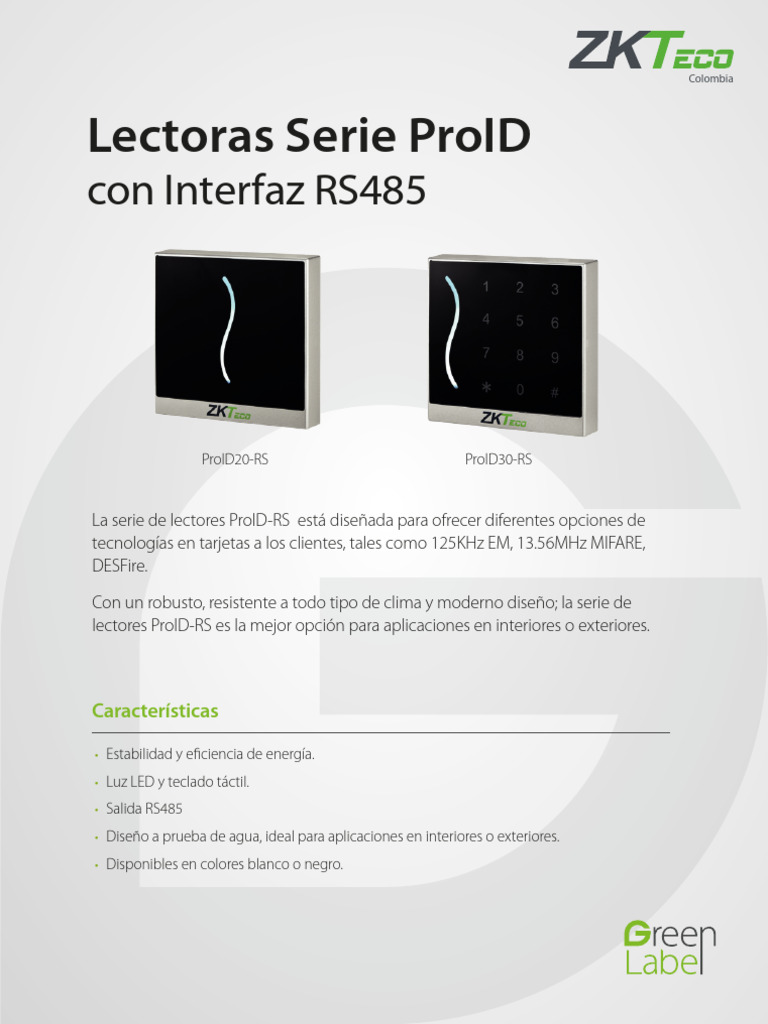 Serie ProID RS485 Zkteco Colombia Control de Acceso Biometria Ficha ...