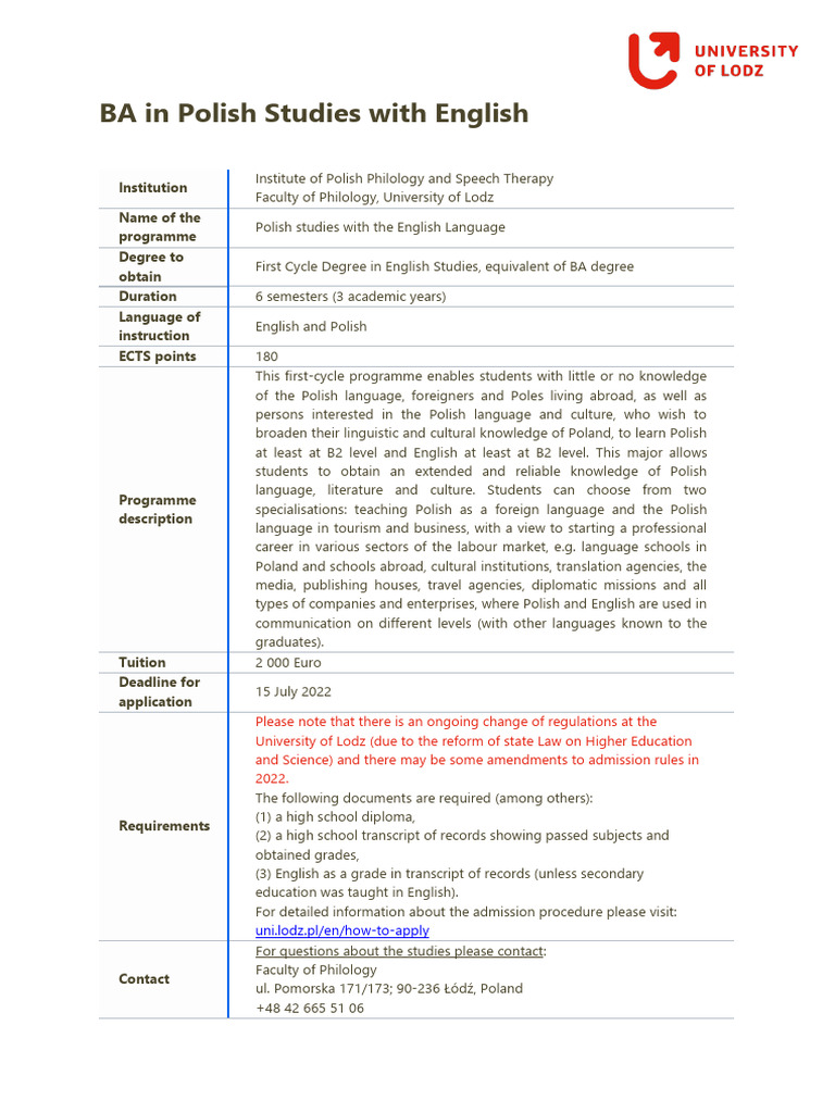 UniLodz BA Polish Studies With English 2022 | PDF | Academic Degree | Bachelor's Degree