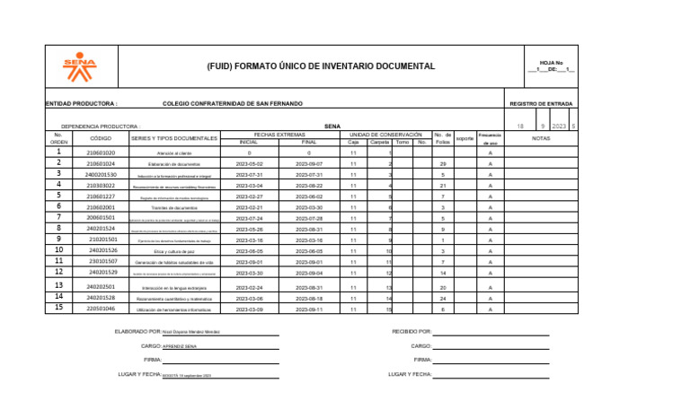 (Fuid) Formato Único de Inventario Documental: Entidad Productora: Colegio Confraternidad de San ...