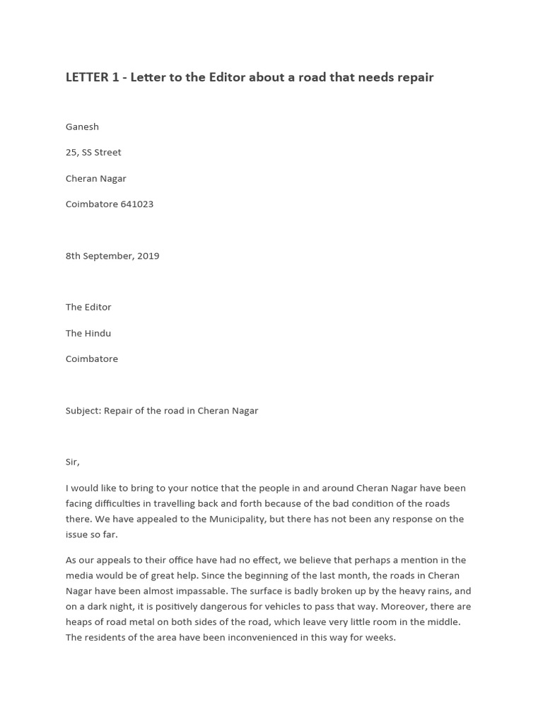 Urgent Road Repair Request in Cheran Nagar | PDF