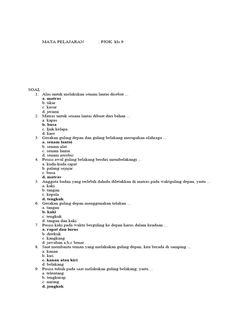 Latihan Soal Pjok Kls 9 (Jawaban) | PDF