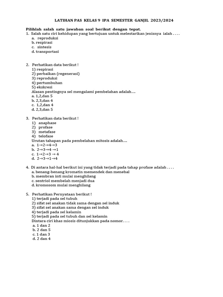 Latihan Pas Ipa 9 Ta. 2023-2024 | PDF | Sains & Matematika