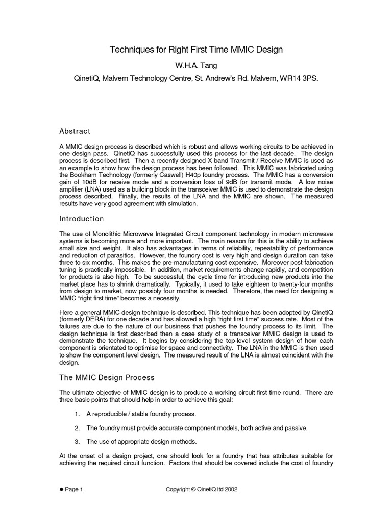 Techniques For Right First Time MMIC Design | PDF