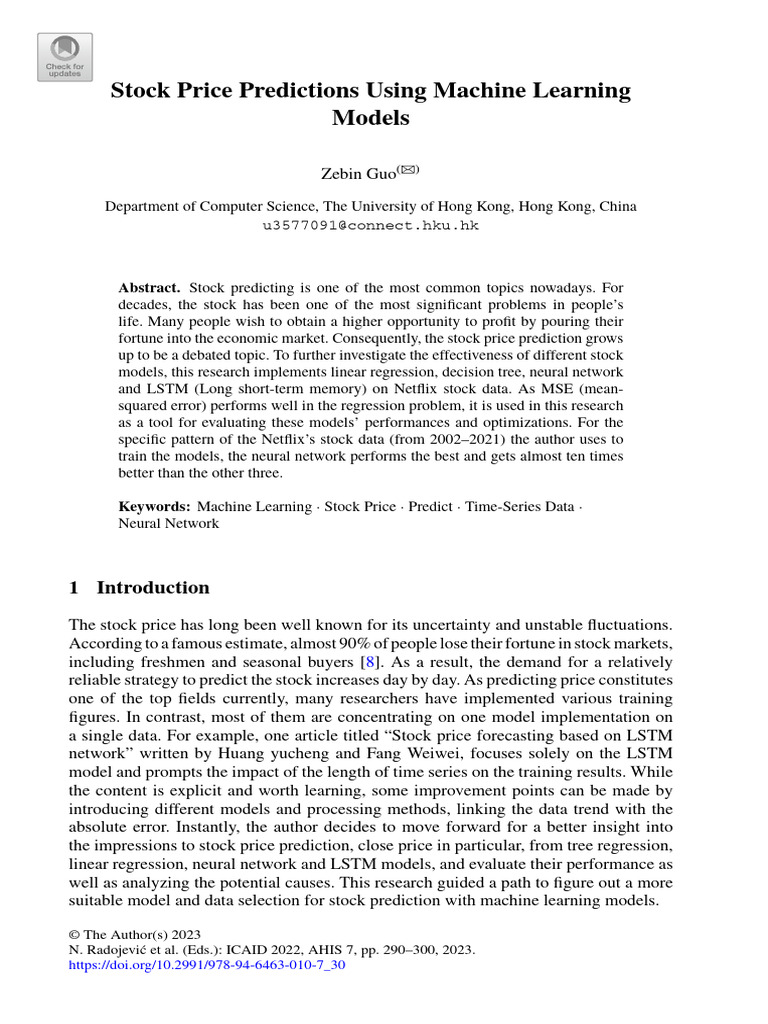 Stock Price Predictions Using Machine Learning Models | PDF | Artificial Neural Network ...