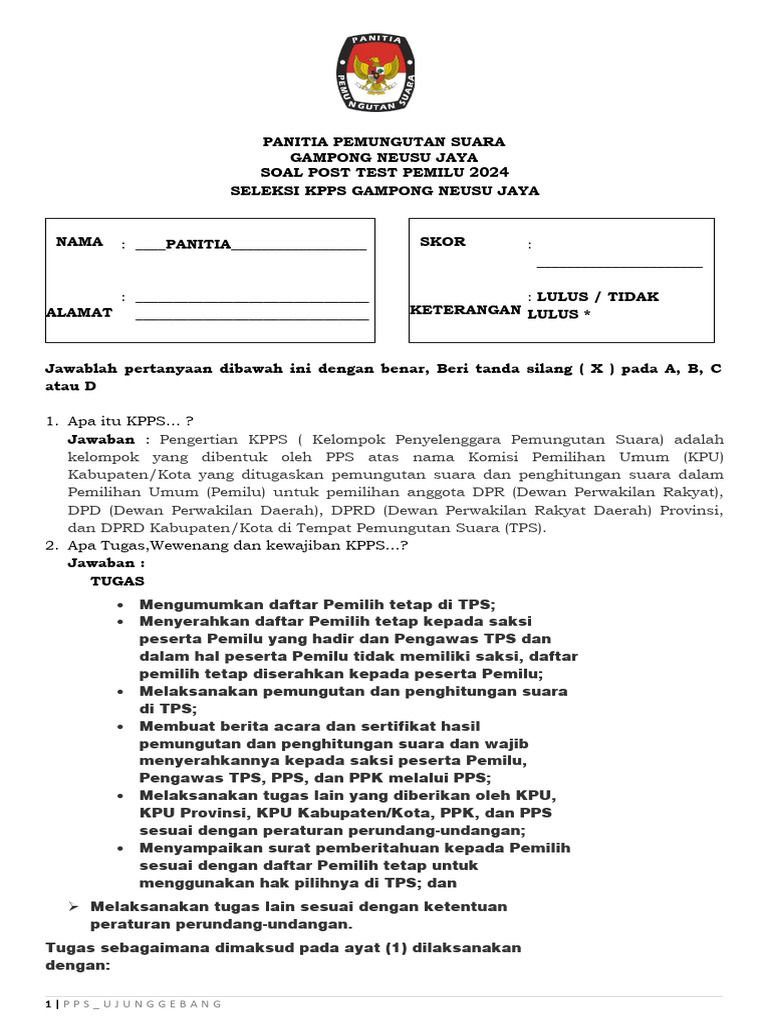 SOAL SELEKSI KPPS DAN JAWABAN | PDF