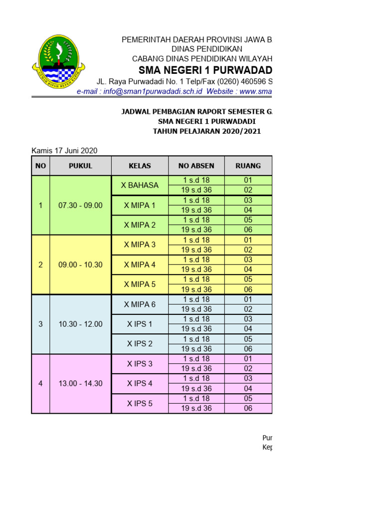 Jadwal Pembagian Raport SMSTR Ganjil2020 | PDF