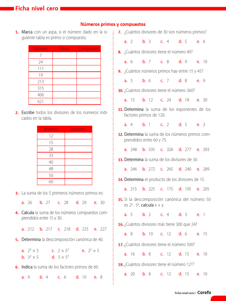 Ficha Cero - Números Primos y Compuestos | PDF
