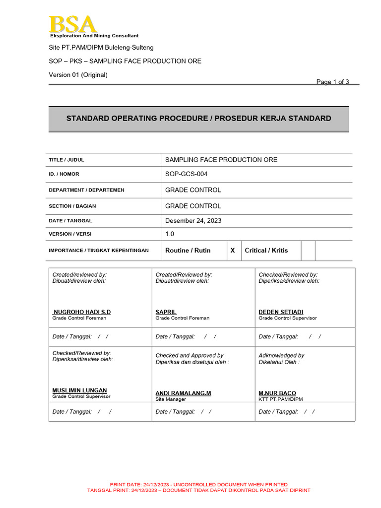 SOP-GCS-004 Sampling Face Production Ore | PDF
