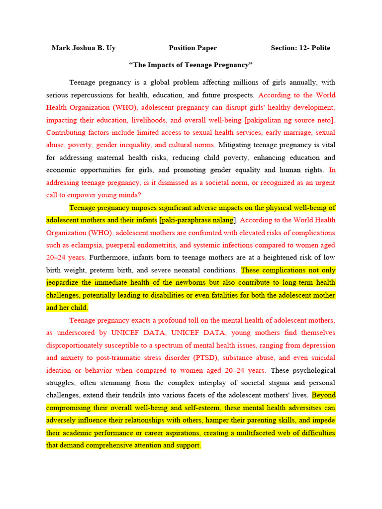 Position Paper Teenage Pregnancy | Download Free PDF | Teenage ...