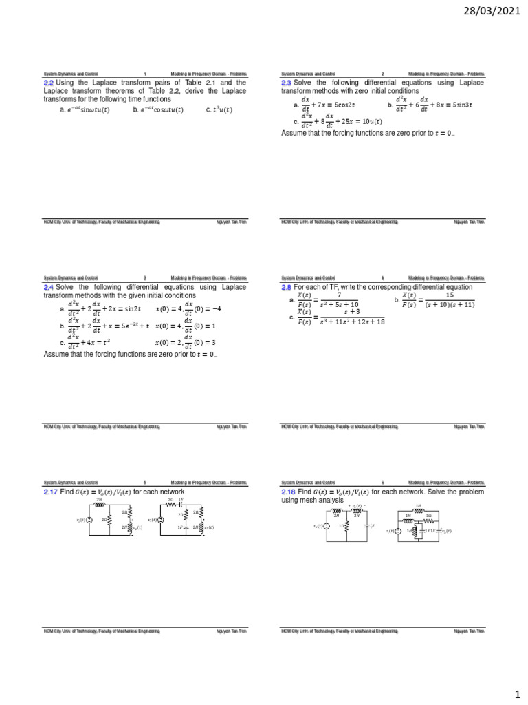 Ch.02 Modeling in Frequency Domain - Assignment | PDF | Laplace Transform | Classical Mechanics