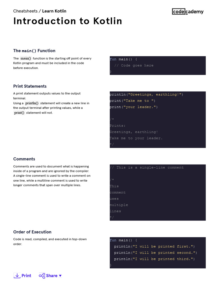 Introduction To Kotlin Cheatsheet - Codecademy | PDF