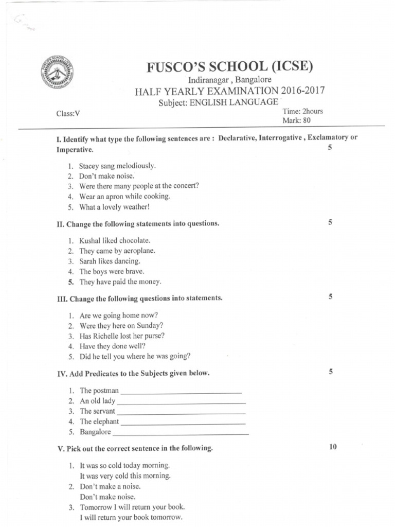 ICSE Class V English Language Half Yearly Model Exam | PDF
