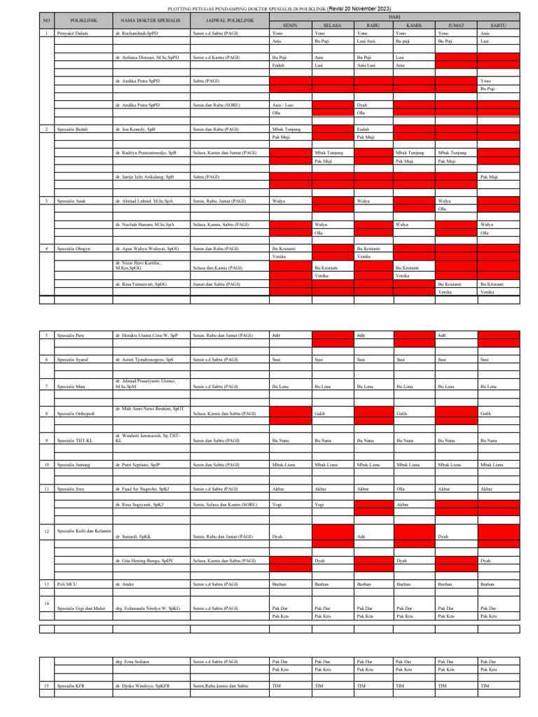 PLOTTING PETUGAS PENDAMPING DOKTER SPESIALIS DI POLIKLINIK Rev 1 | PDF