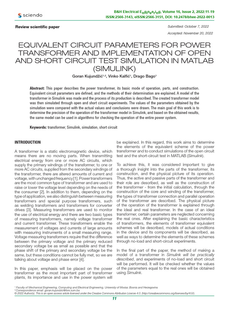 Equivalent Circuit Parameters For Powertransformer and Implementation of Openand Short Circuit ...