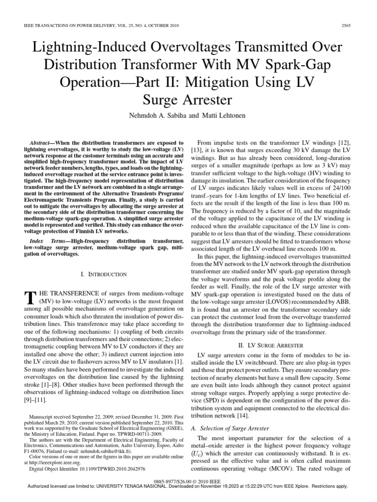 Lightning Induced Overvoltages Transmitted Over Distribution