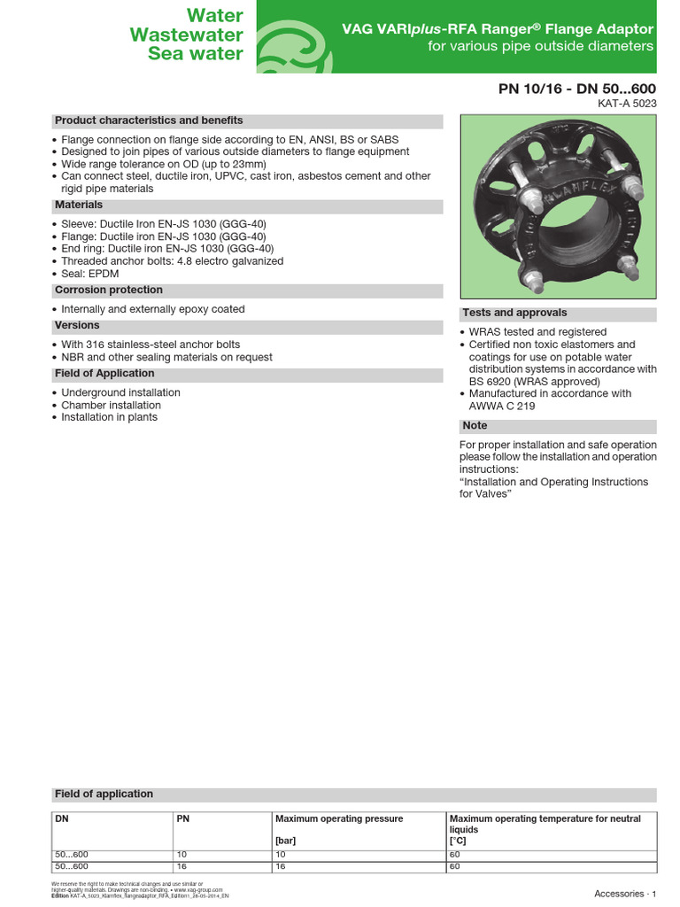 KAT-A 5023 Klamflex VARIplus-RFA Flangeadaptor Edition01 28-05-2014 EN ...