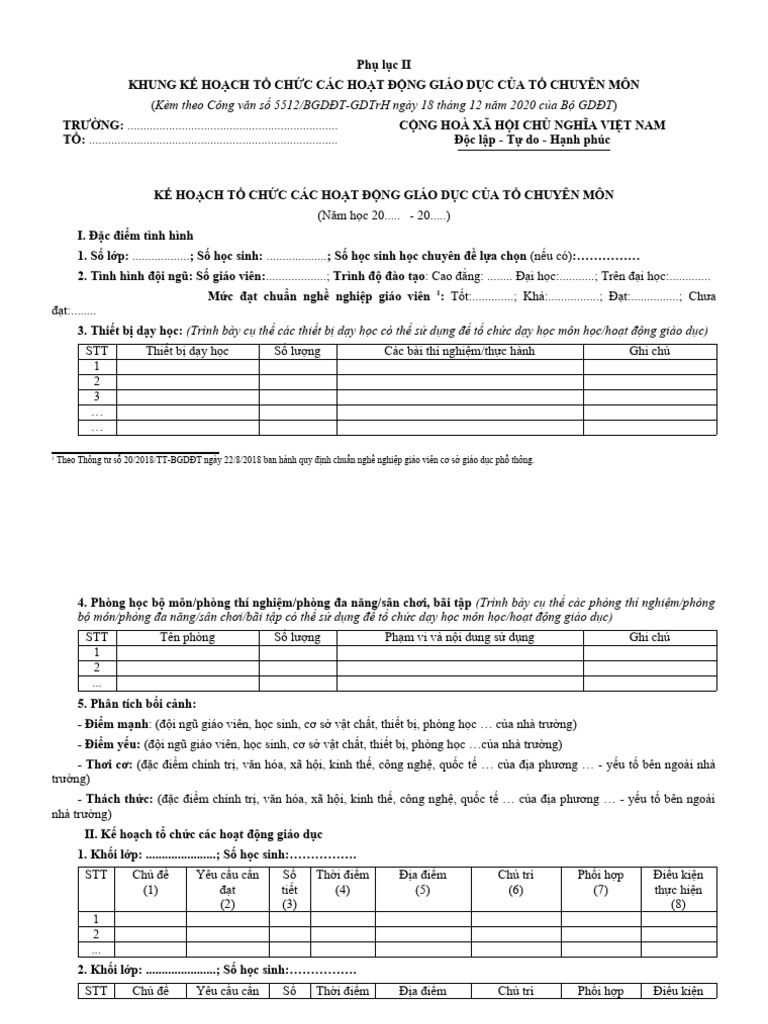 Phu Luc 2 Mau Ke Hoach To Chuc Hoat Dong Giao Duc 2020 | PDF