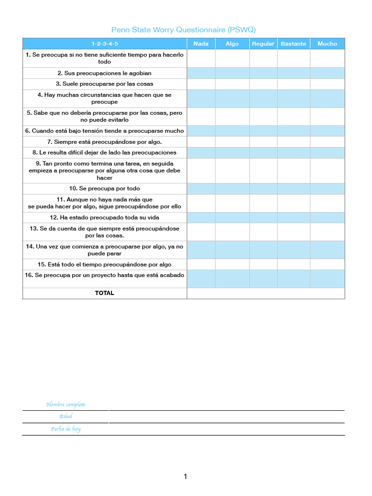 Penn State Worry Questionnaire (PSWQ) | PDF