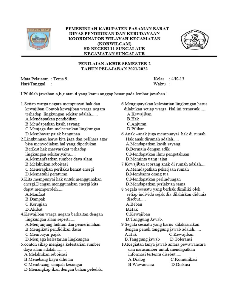 Soal Ujian Semester 2 Tema 9 | PDF
