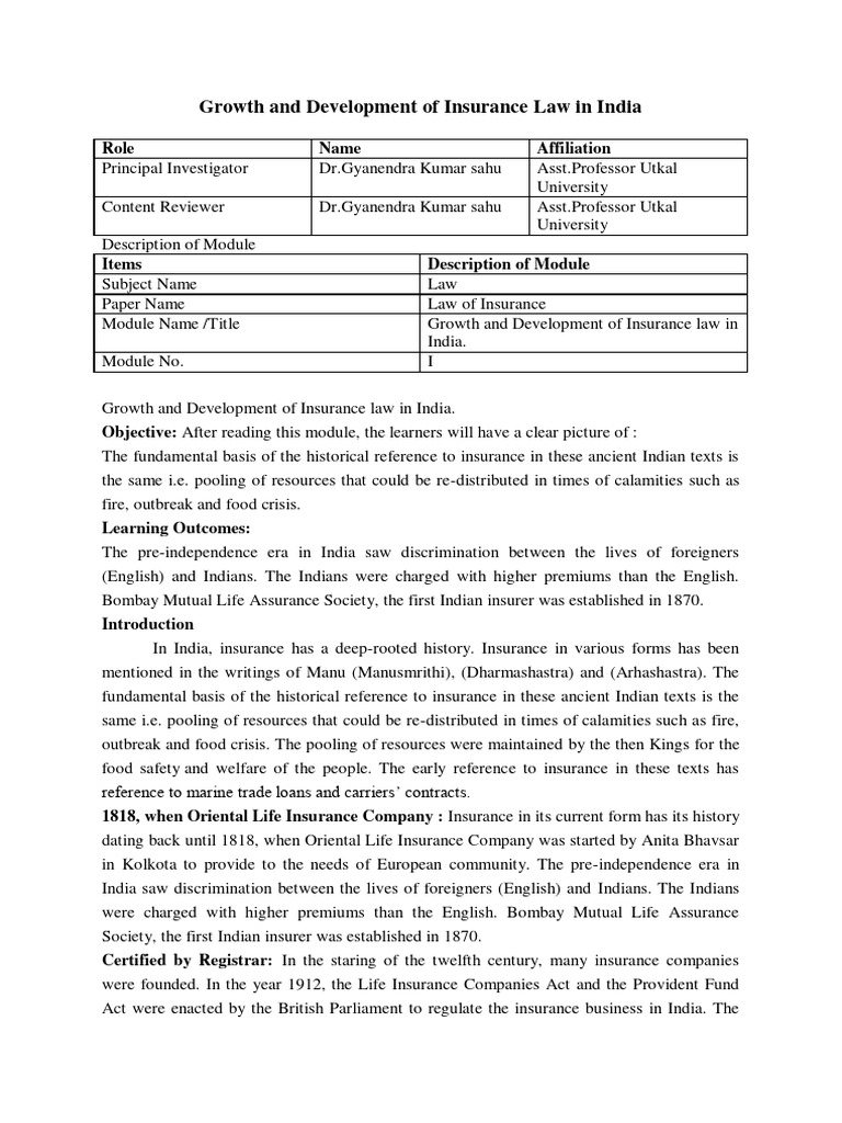 Growth and Development of Insurance Law in India | PDF
